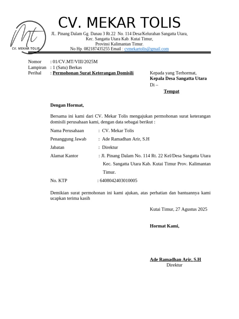 Permohonan Surat Domisili CV. Mekar Tolis | PDF
