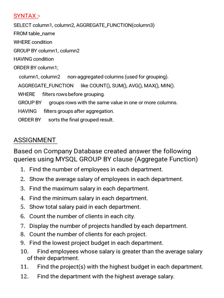 Group by Clause (Aggregate Function) | PDF