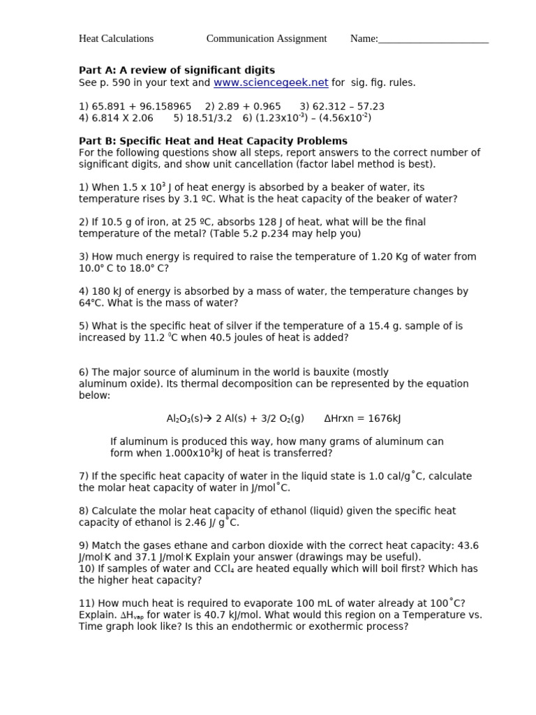04 - Worksheet Heat Calculations Assignment | PDF | Heat | Heat Capacity