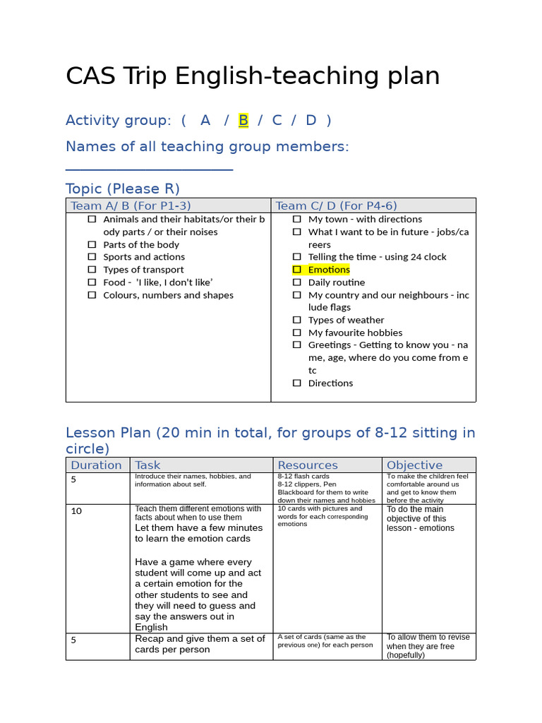 IB CAS Trip English Teaching Plan 2 | PDF | Risk | Risk Assessment