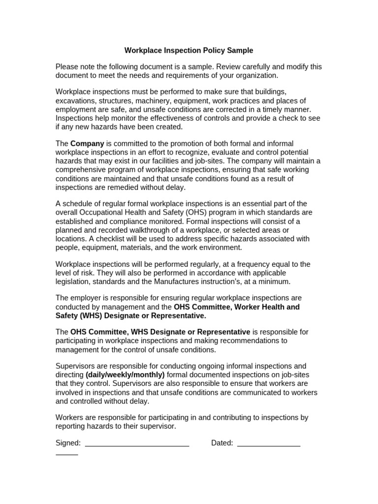 OHS Program Workplace Inspection Checklist Policy Sample | PDF ...