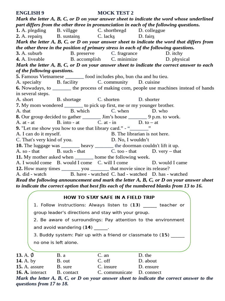 English 9 Mock Test 2: Pronunciation & Grammar | PDF | Adolescence ...