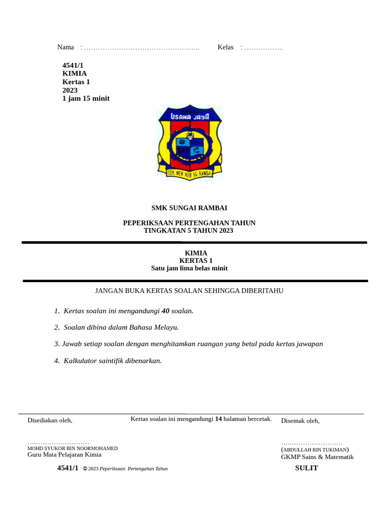 Kertas 1 Kimia f5 2022 | PDF