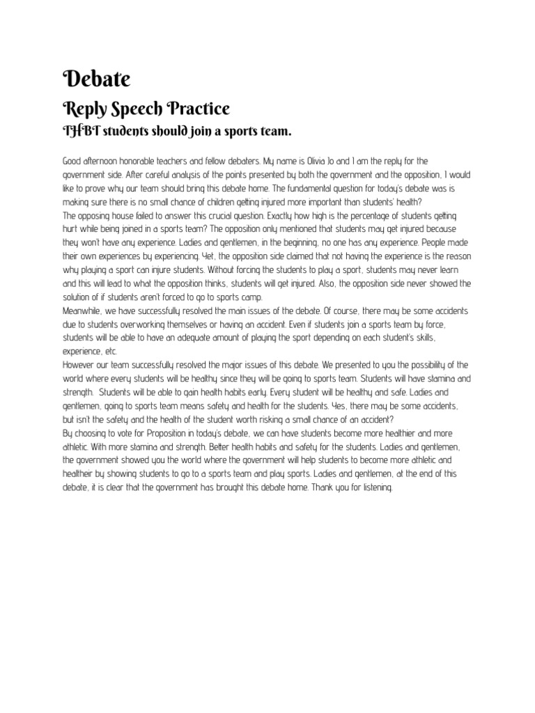 Debate - Reply Speech (THBT Students Should Join A Sports Team) | PDF