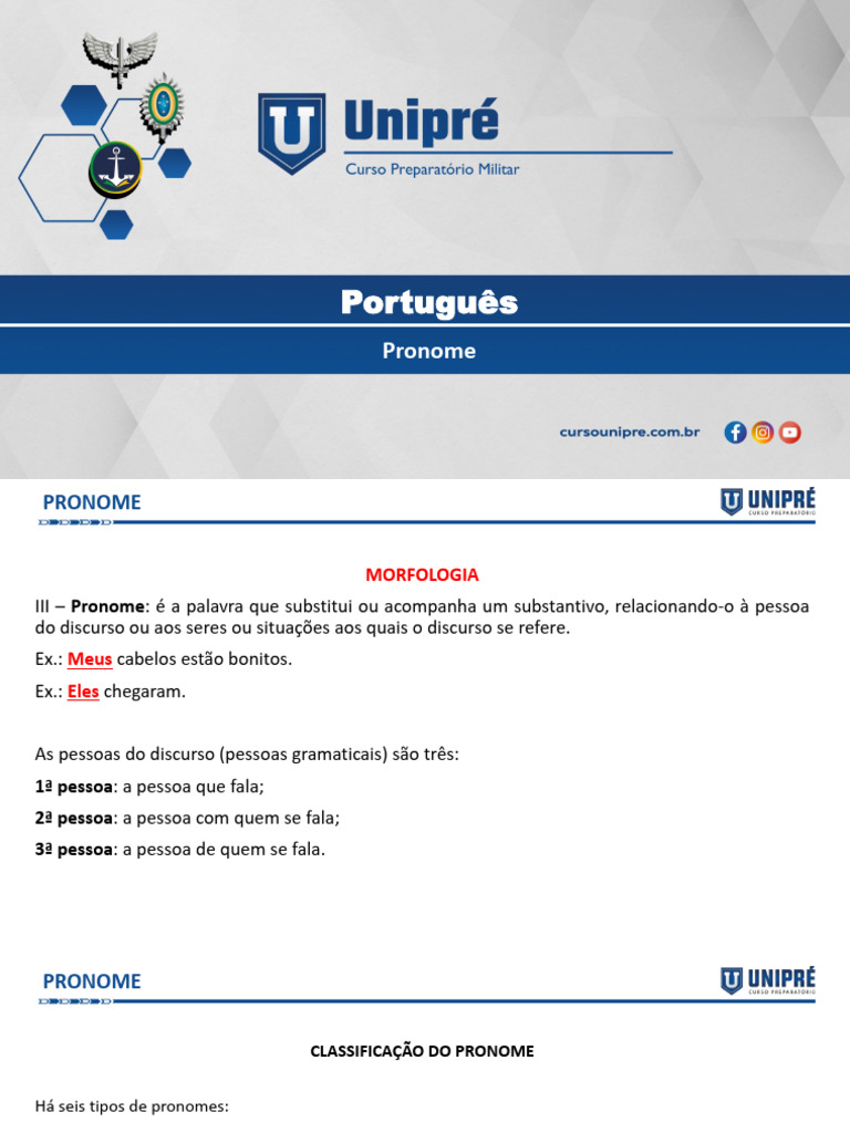 Aula 07-08 - Pronomes.pdf | PDF | Pronome | Unidades semânticas