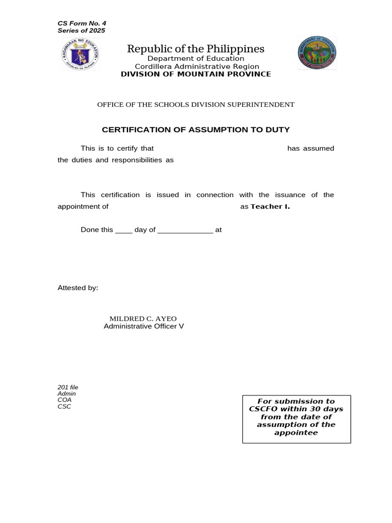 03 ANNEX L - CS Form No. 4 Revised 2025 Certification of Assumption To ...