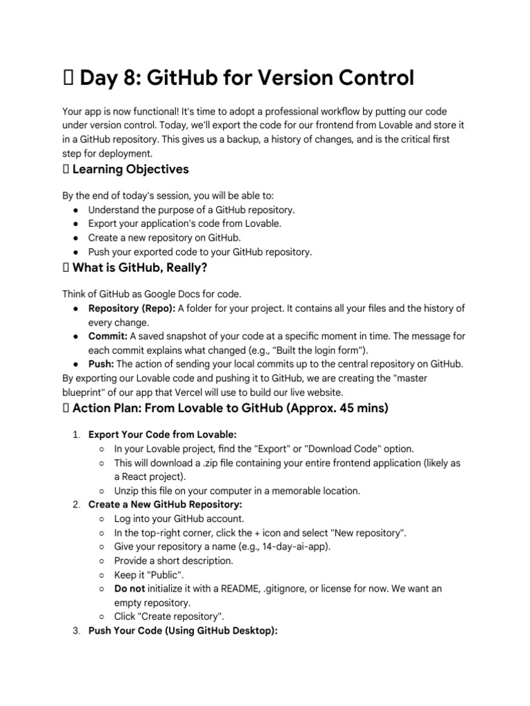 Day 8 - GitHub For Version Control | PDF | Version Control | Information Technology