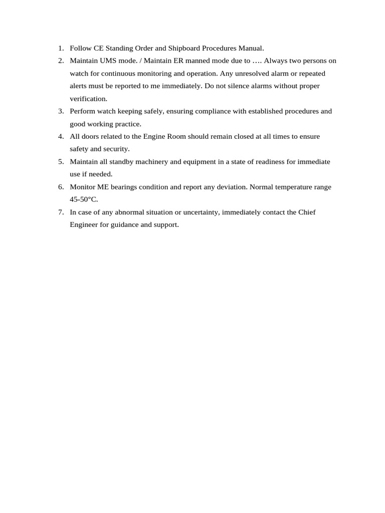 Night Orders for Chief Engineer | PDF