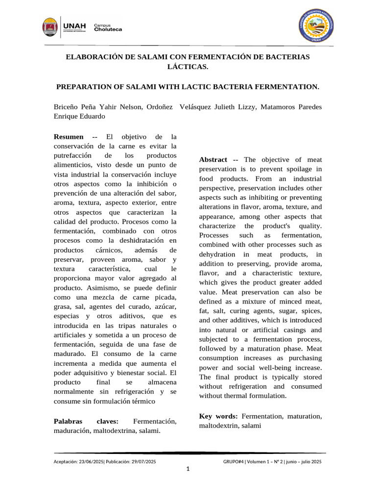 Articulo de Salami Fermetado - Grupo#4 | PDF | Carne | Ácido láctico