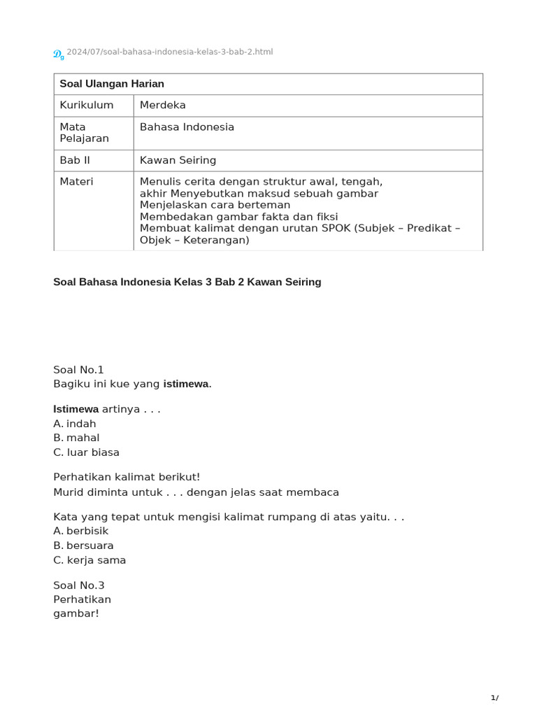 Soal Ulangan Bahasa Indonesia Kelas 3 Pdf