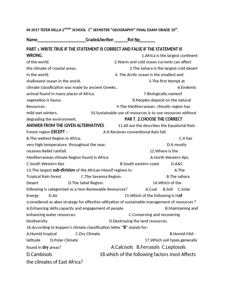 Grade 10 Geography Exam 2017 | PDF | Tropics | Rain