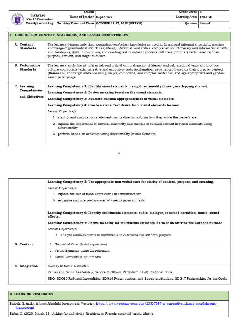 English 5 Matatag DLL - Q2 - W8 | PDF | Facial Expression | Reading ...