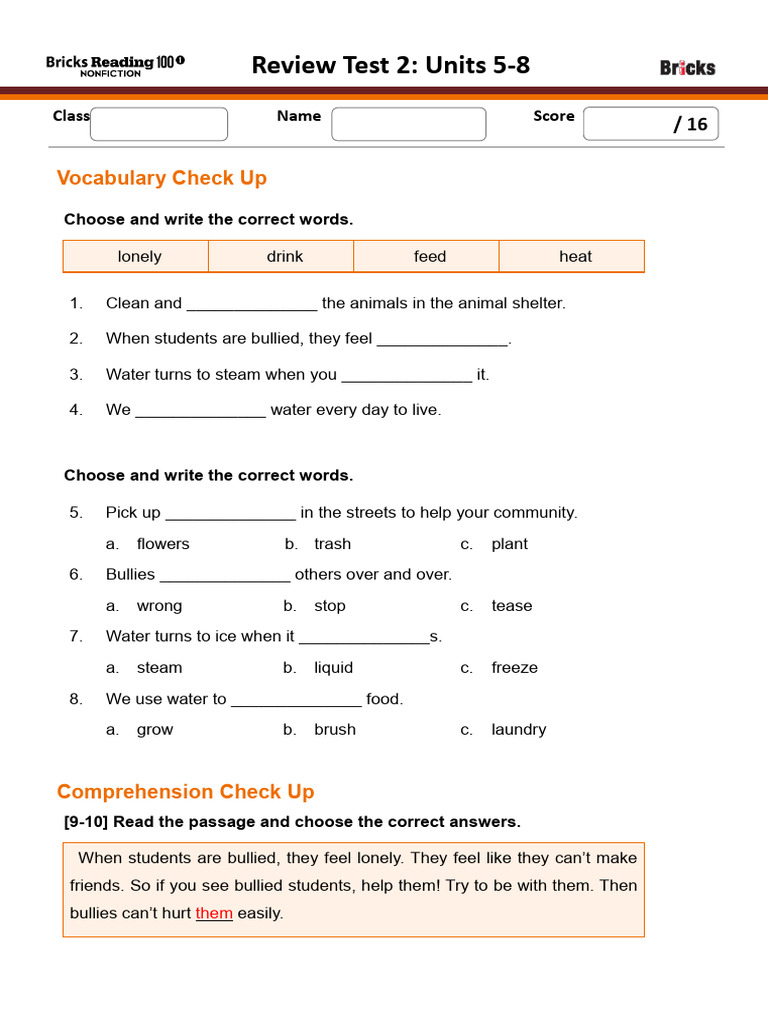 Bricks Reading 100 Nonfiction_L1_Review Test 2(Units 05-08) | PDF ...