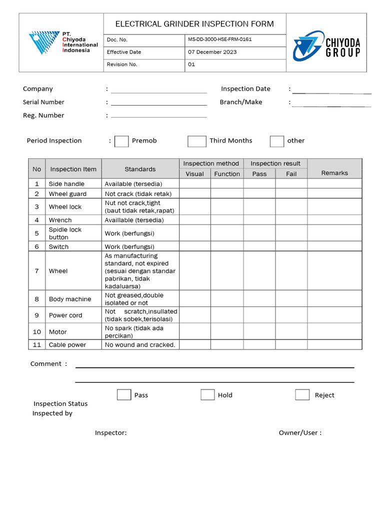 MS DD 3000 HSE FRM 0161 Electrical Grinder Inspection Checklist | PDF