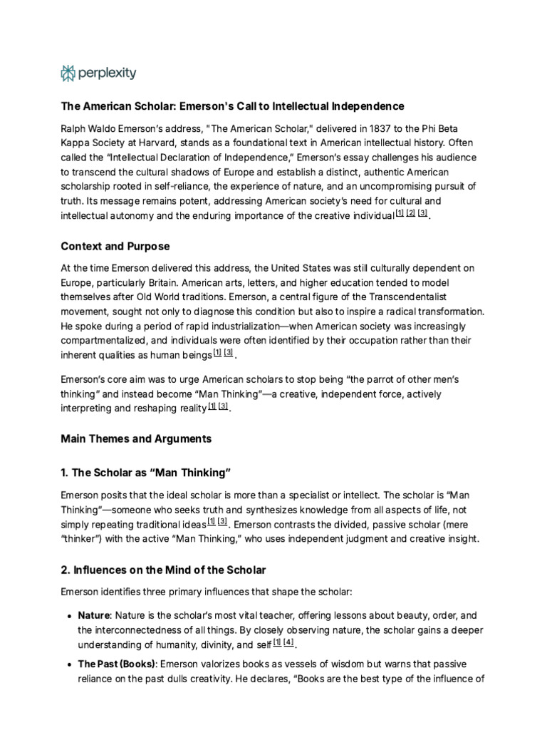 The American Scholar - Emerson's Call To Intellectu | PDF | Ralph Waldo ...