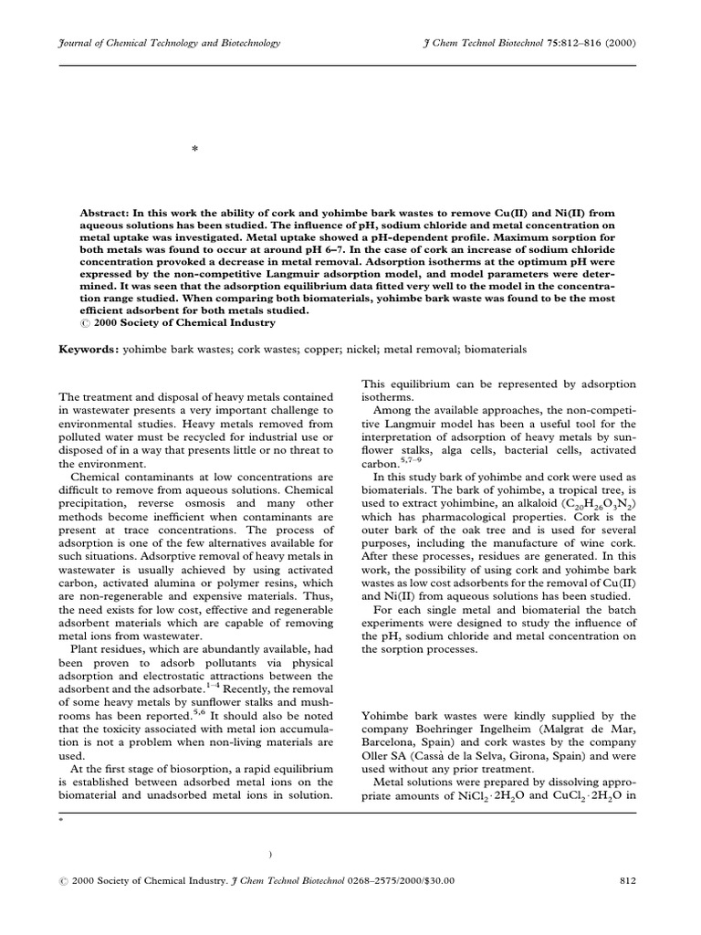 Heavy Metal Uptake From Aqueous Solution by | PDF | Adsorption | Ph