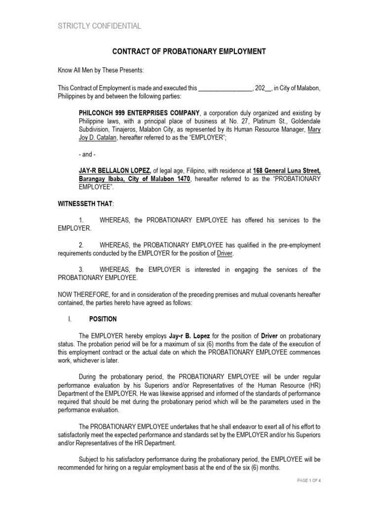 Probationary Employment Contract for Driver | PDF | Employment | Damages