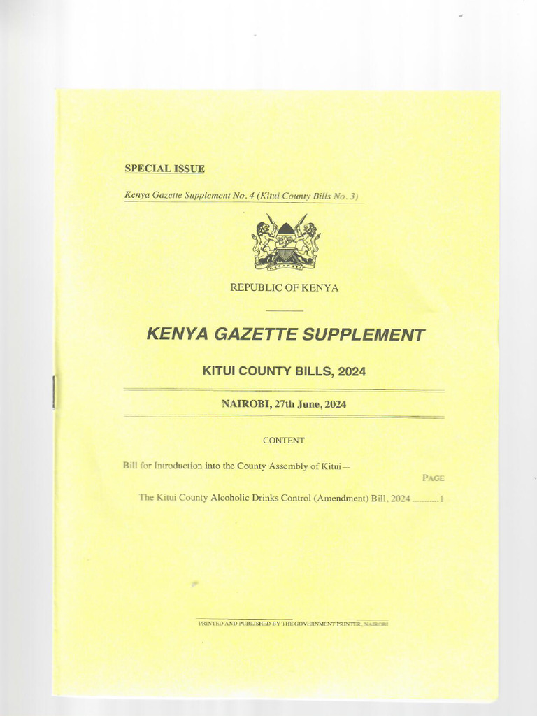 The Kitui County Alcoholic Drinks Control (Amendment) Bill 2024 | PDF