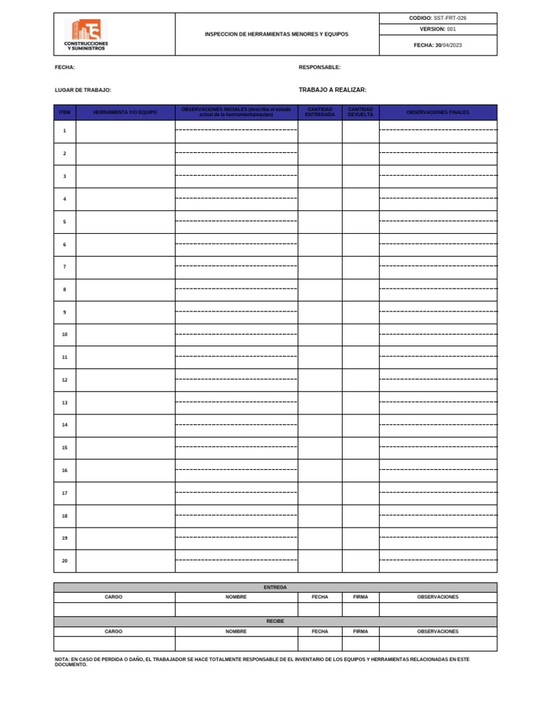 SST-FRT-026 Inspección Herramietas Men. y Equi. | PDF | Herramientas