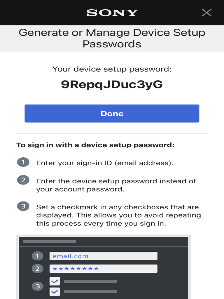 Generate or Manage Device Setup Passwords Sony | PDF