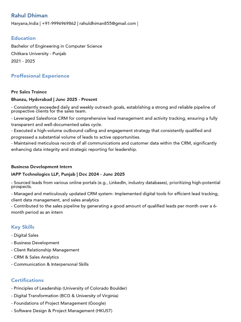 Rahul Dhiman Resume | PDF
