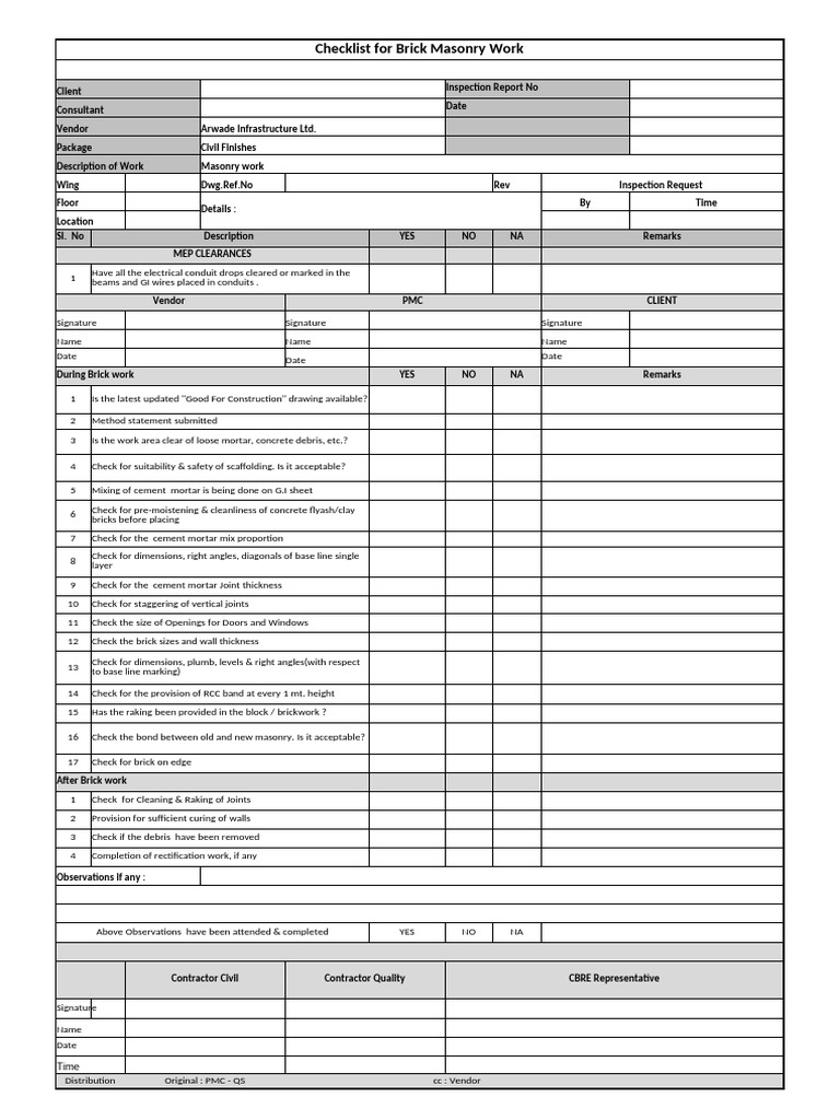 Brick Masonry Work Inspection Checklist | PDF | Brick | Masonry