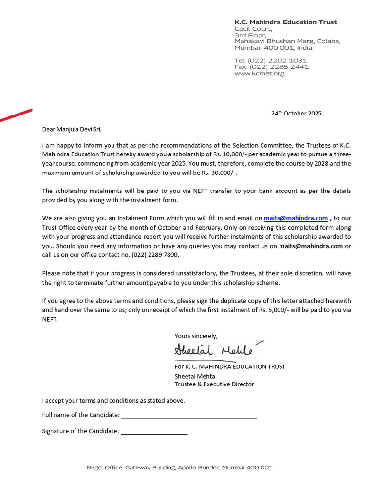 Manjula Devi Sri - Awardee Letter | PDF