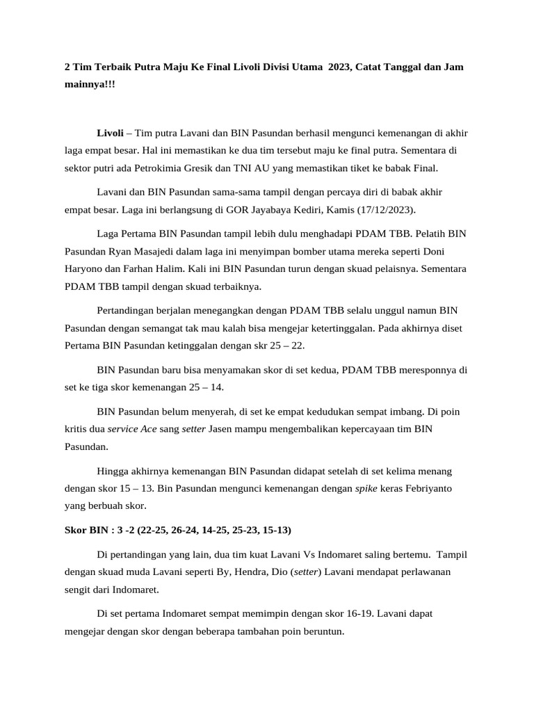 2 Tim Terbaik Putra Maju Ke Final Livoli Divisi Utama 2023 | PDF