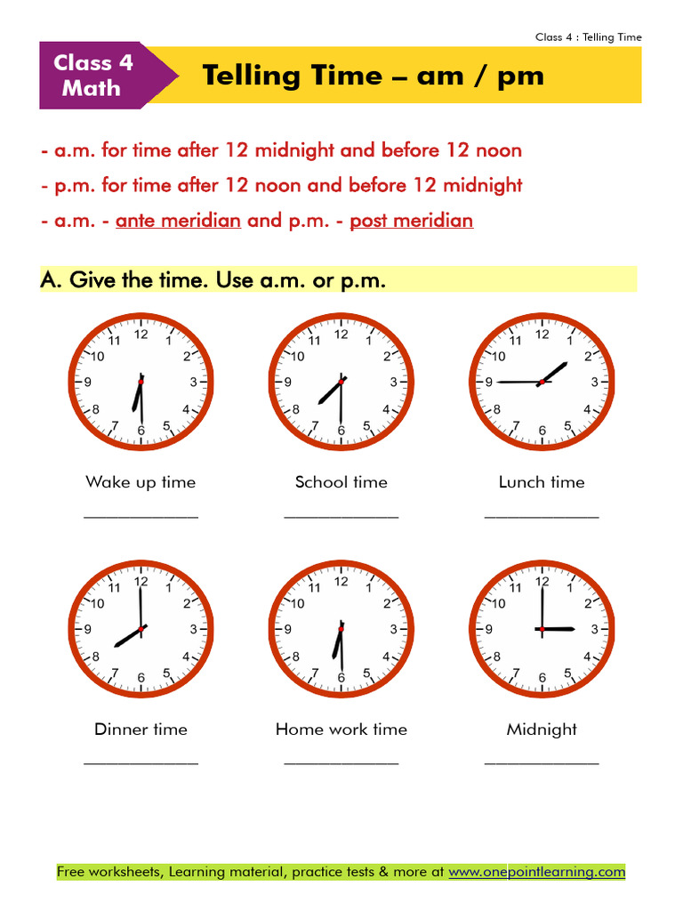 Math Telling Time Worksheet Class 4 PDF Am PM | PDF