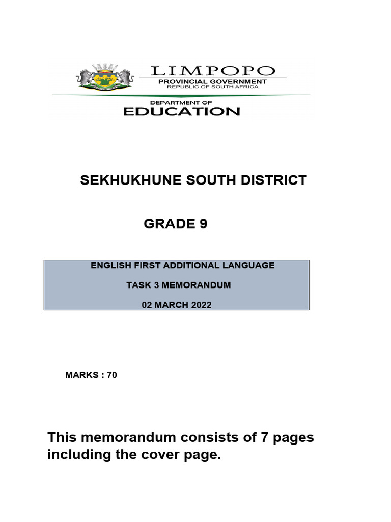 Grade 9 English Task 3 Memorandum | PDF | Noun | Adjective