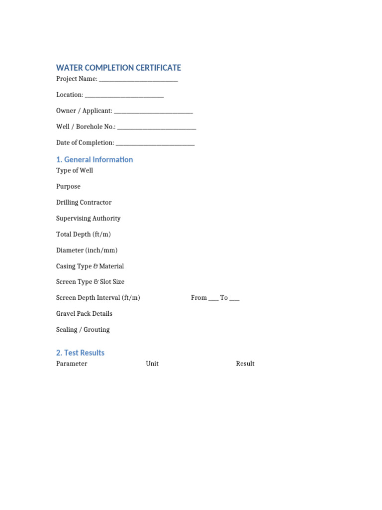 Water Completion Certificate Format | PDF