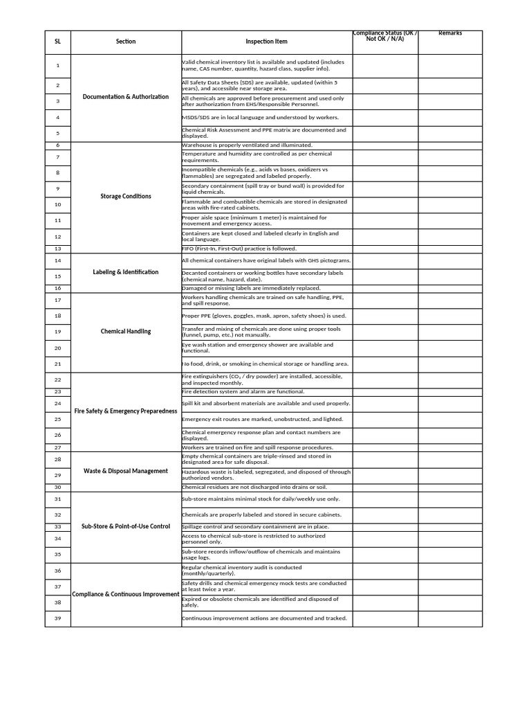 Chemical Management Checklist | PDF | Safety | Occupational Safety And ...