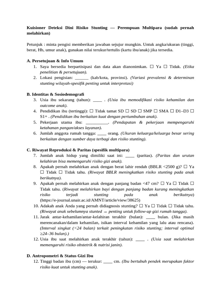 Kuisioner Deteksi Dini Risiko Stunting-Multipara | PDF