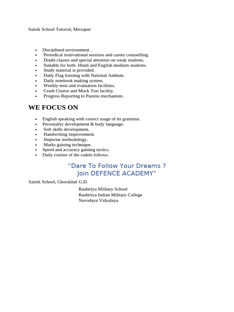 Sainik School Tutorial: Holistic Cadet Training | PDF