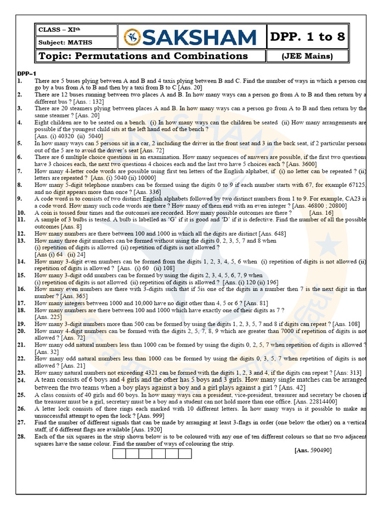 CLASS - 11 MATHS DPP (Permutations and Combinations) | PDF | Consonant | Vowel