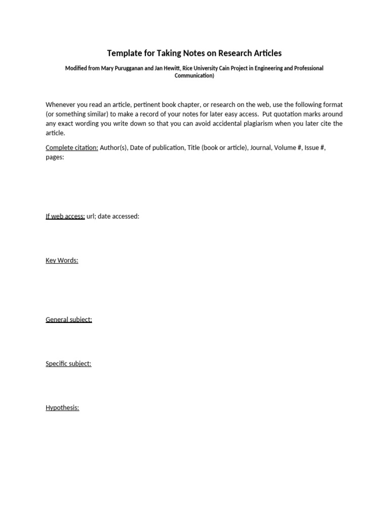 Template For Taking Notes On Research Articles | PDF