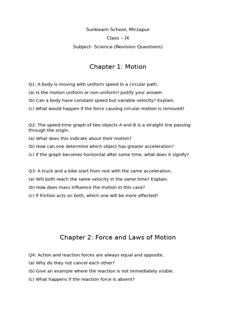 Class - IX (Physics) Revision Questions | PDF | Force | Weight