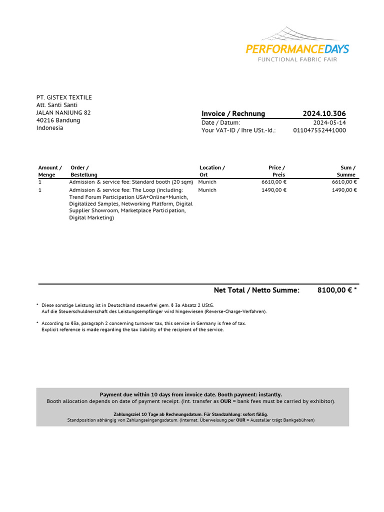 Invoice for PERFORMANCE DAYS Munich 2024 | PDF | Business | Payments