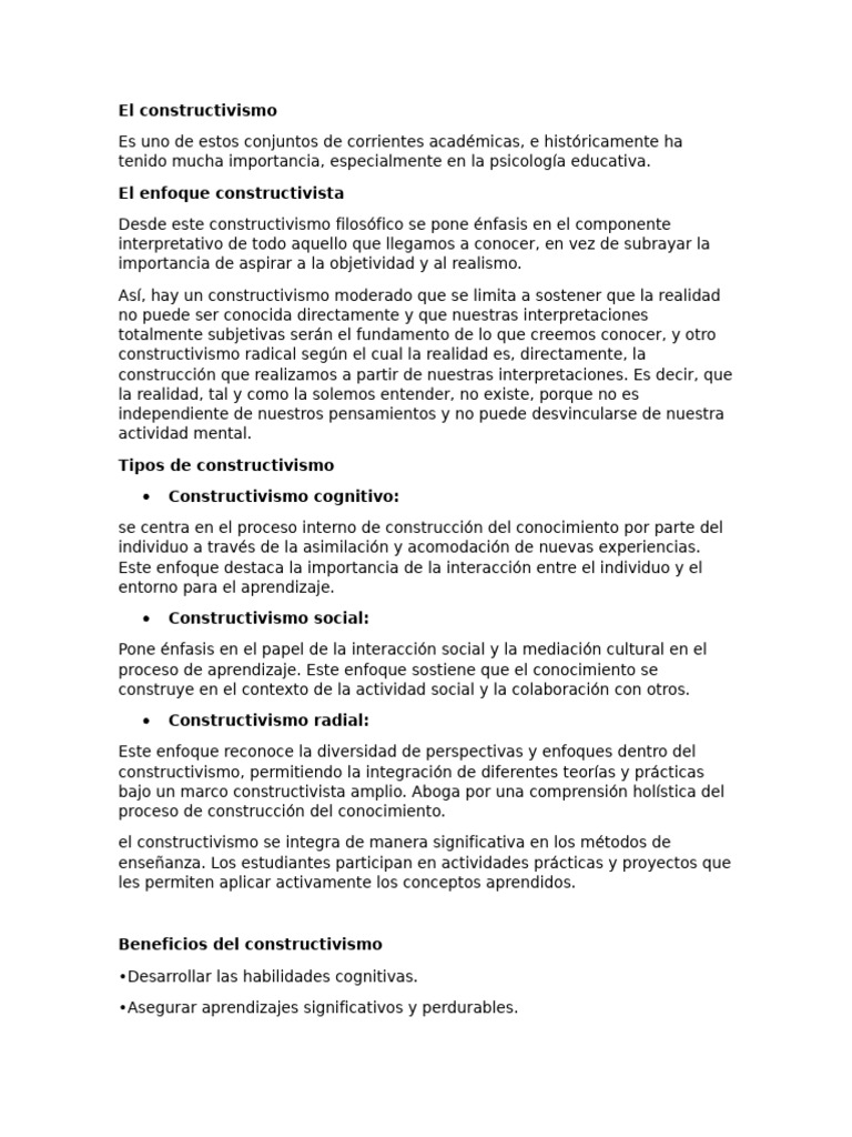 Constructivismo: Enfoques y Beneficios | PDF | Constructivismo ...
