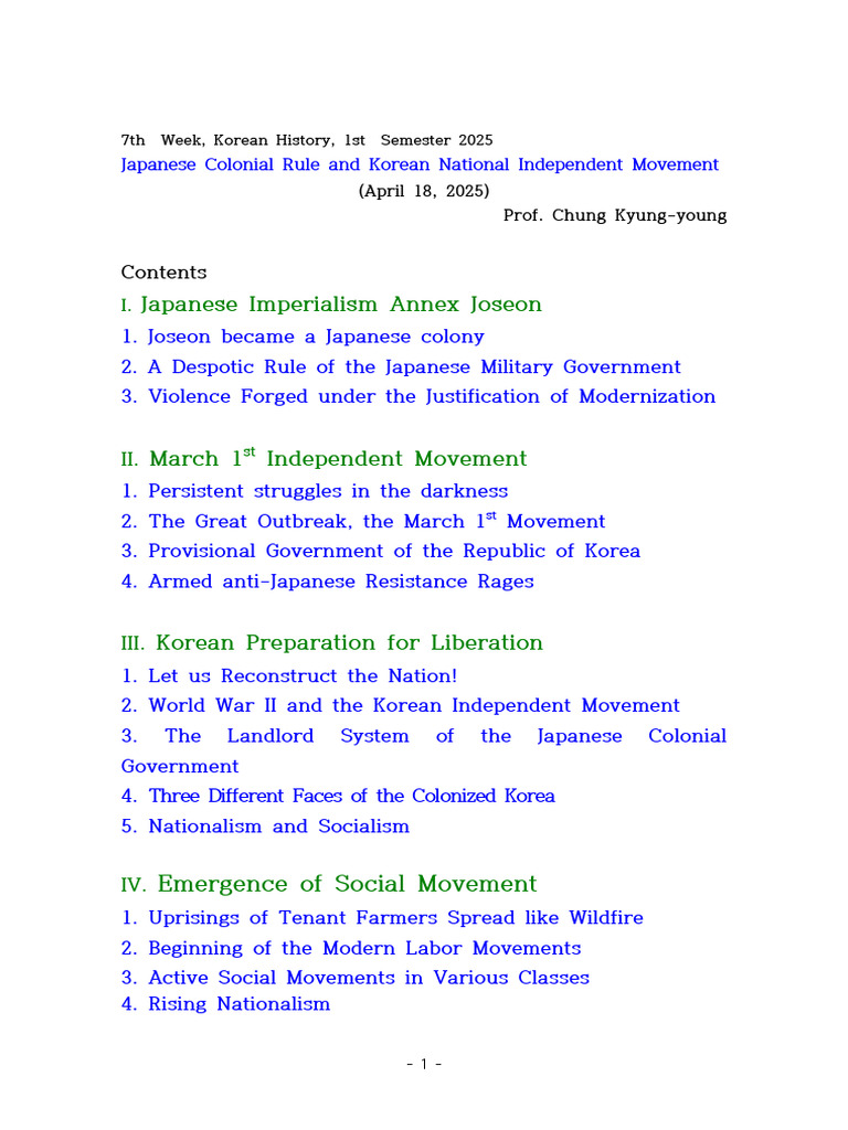 2025-0418, - 7th Week, Japanese Colonial Rule, Korean History, 1st ...