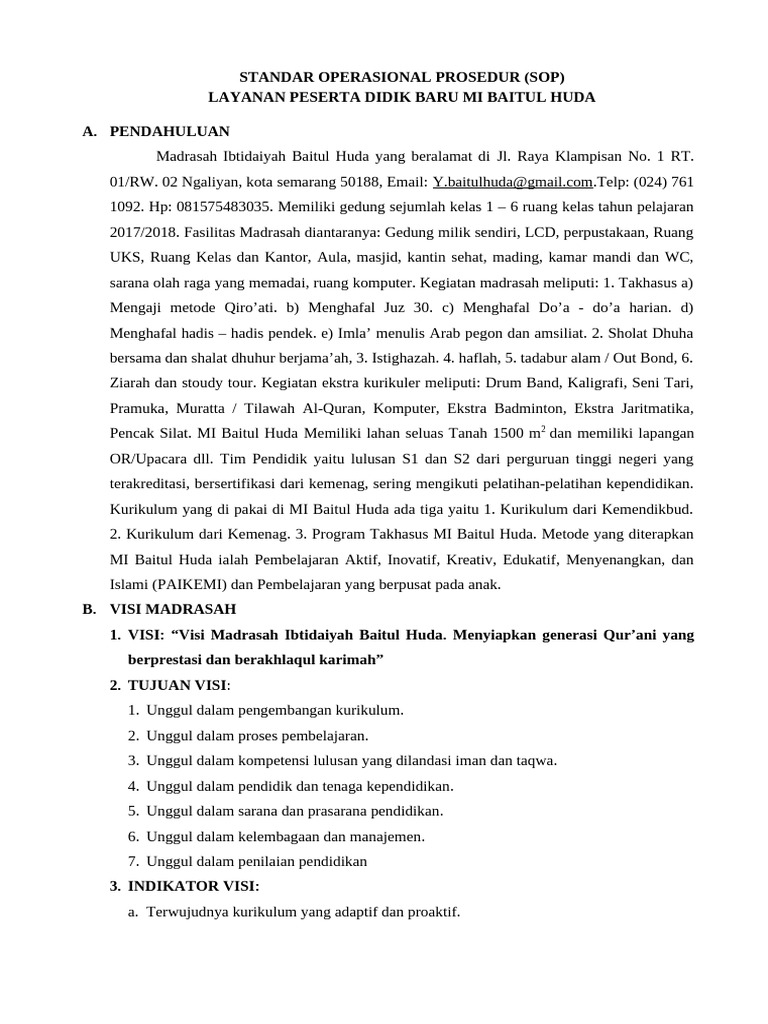 SOP Layanan Peserta Didik MI Baitul Huda | PDF