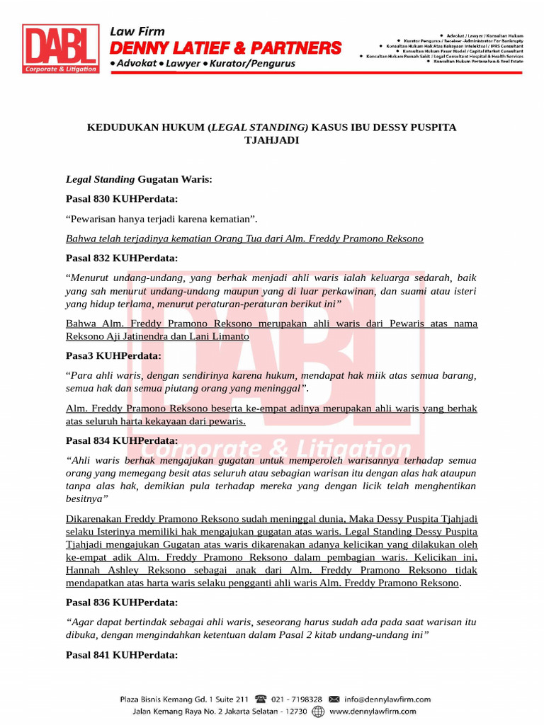 Legal Standing Gugatan Waris Ibu Dessy | PDF