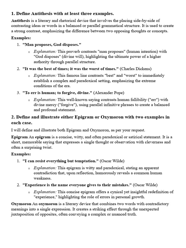 Antithesis, Epigram, and Oxymoron Explained | PDF | Paradox | Truth