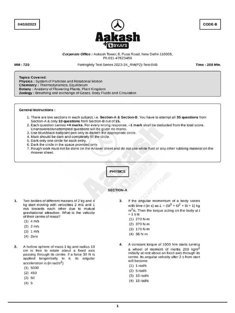 System of Particles and Rotational Motion Set 1 | PDF