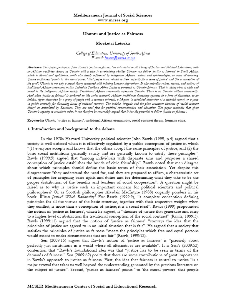 Letseka. 2014. Ubuntu and Justice As Fairness | PDF | Justice | Crime ...