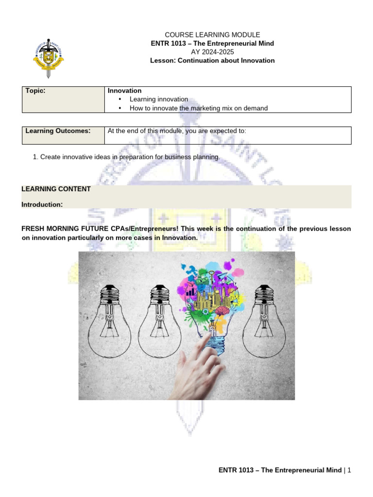 ENTR 1013 - WEEK 10 MODULE Cont Innovation | PDF | Entrepreneurship ...