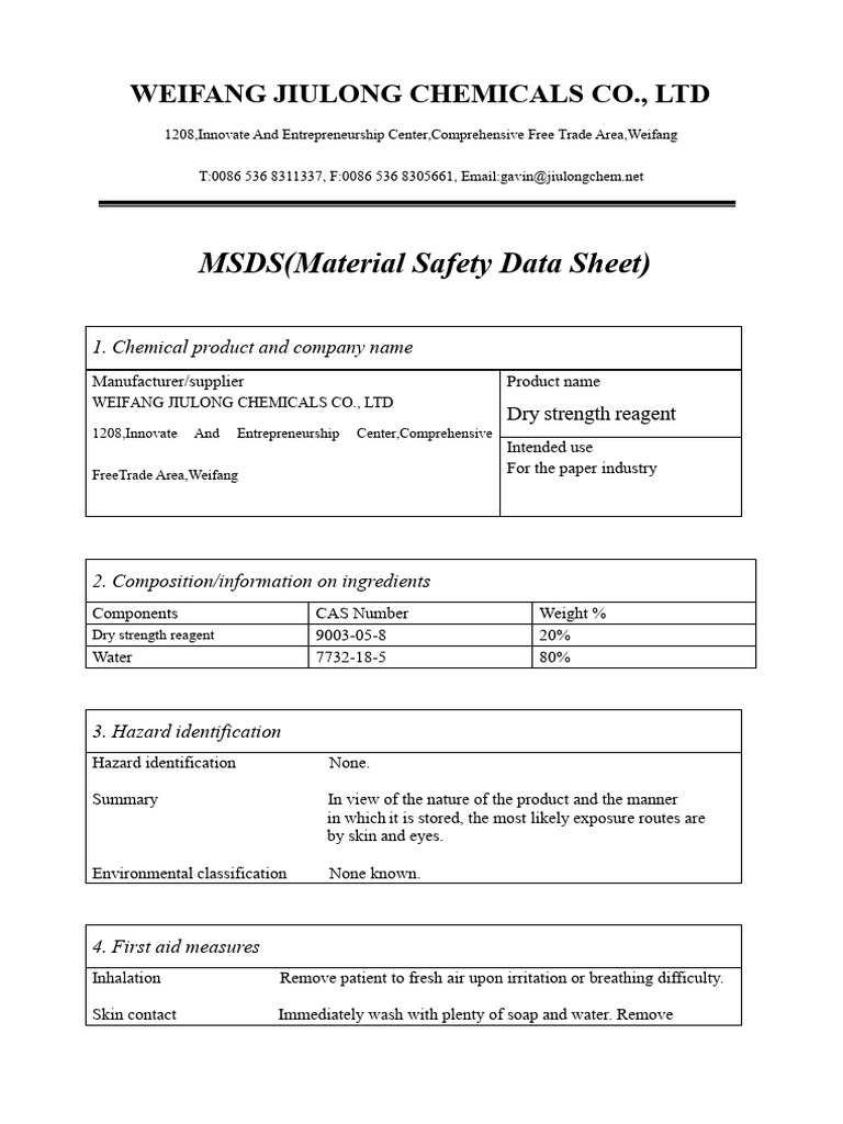 Msds of Dry Strength Agent | PDF | Hazards | Waste Management