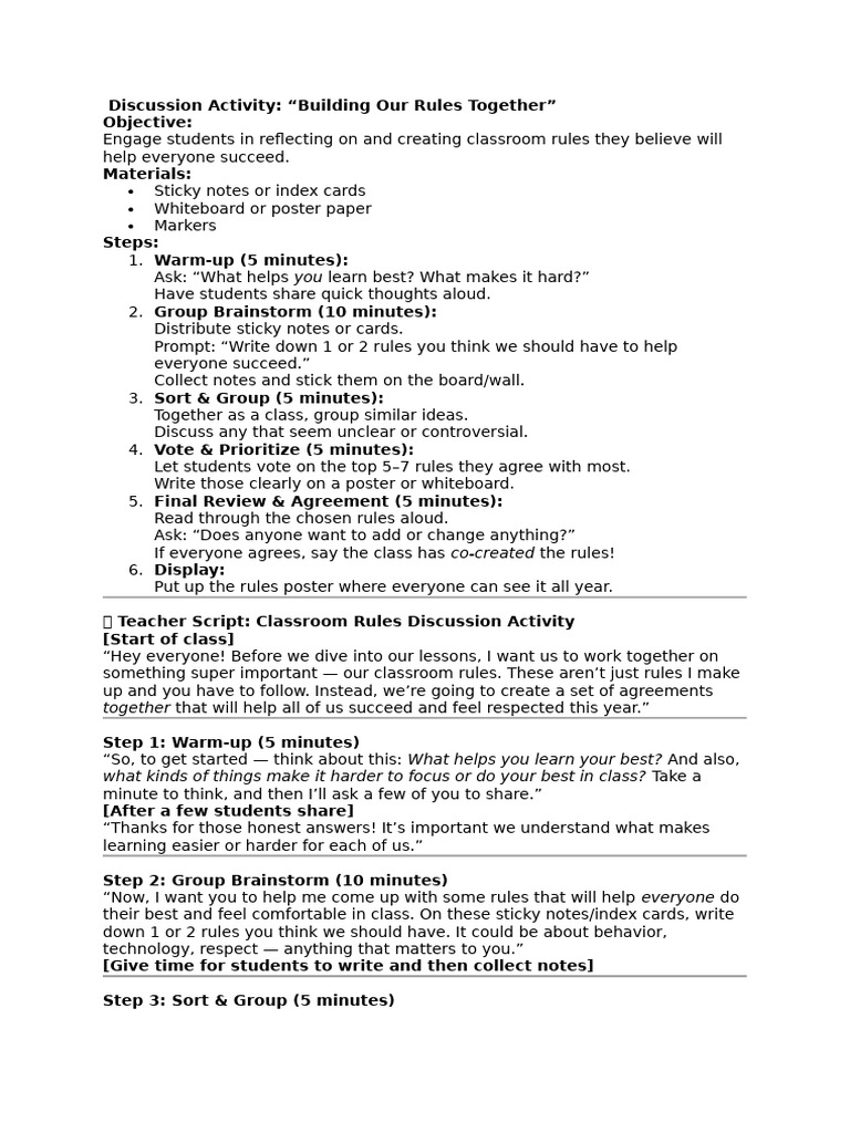 Discussion Activity Building Our Rules Together | PDF | Brainstorming