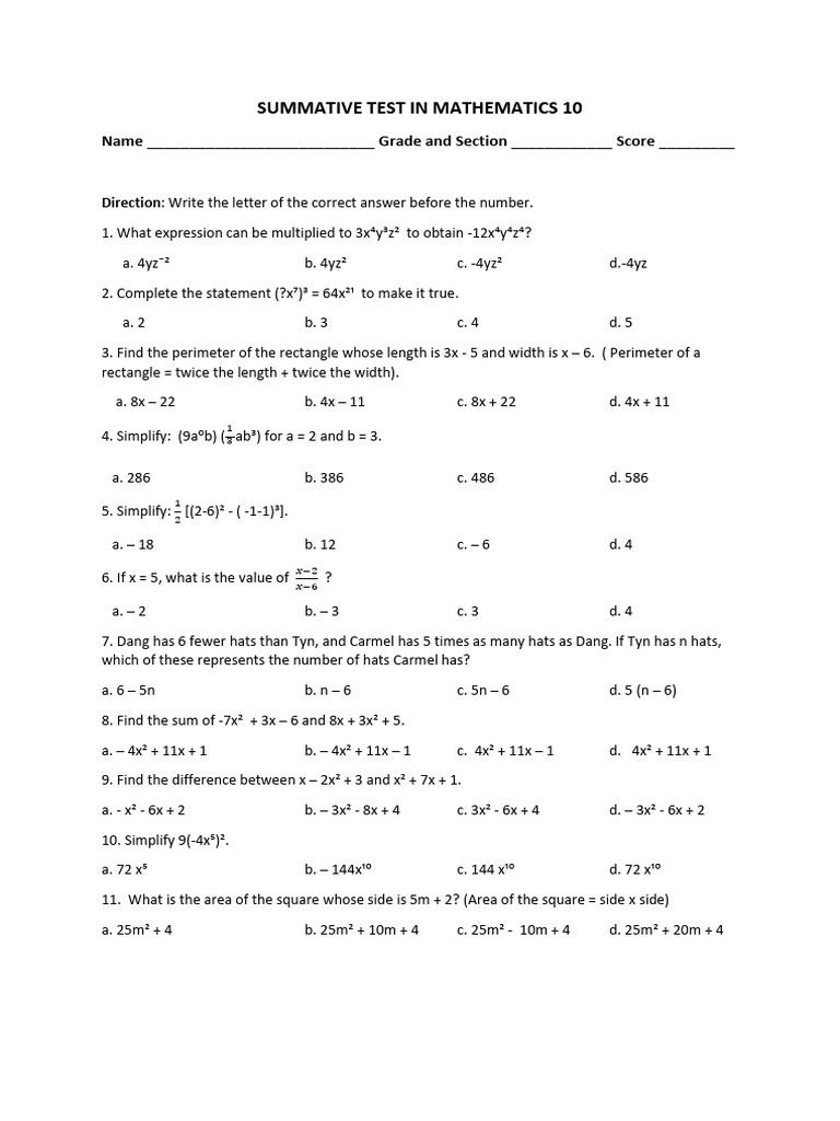 Math 10 Summative Test Questions | PDF | Area | Mathematics