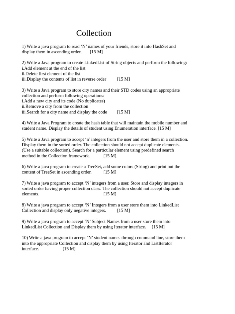 Java II Sem II Practical Program List (Collection) | PDF